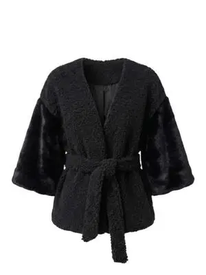 Saachi Fur Tie Front Short Kimono - Black