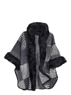 Saachi Geometric Pattern Faux Fur Kimono - Black
