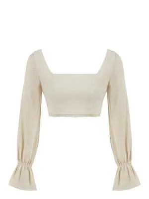LILAMIE Venice Square Neck Long Sleeve Beach Bustier Top - Beige