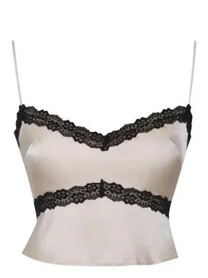 MISS CIRCLE NEW YORK Lace Trim Satin Strappy Top - Beige