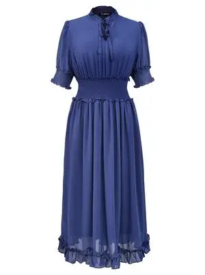 SMART AND JOY Chiffon Dress With Smocked Details And Ruffles - Blue