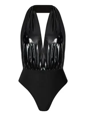 LIA ARAM Faux-leather Halterneck Bodysuit - Black
