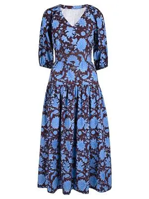 ECHO OF PINK Elodie Hand Block Print Cotton Drop Waist Dress - Blue/brown