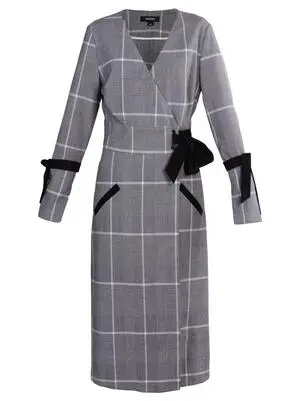 SMART AND JOY Tartan Print Wrap Midi Dress - Grey