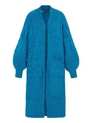 CARA & THE SKY Alex Balloon Sleeve Cable Knit Maxi Cardigan - Blue