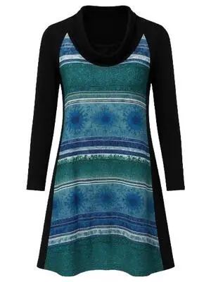 CONQUISTA A-line Print Dress With Turtleneck - Black