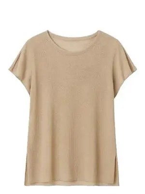 CONQUISTA Short Sleeve Semi Sheer Top With Shoulder Slits - Brown