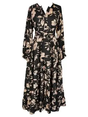 JENNAFER GRACE Floral Ruffled Maxi Dress With Sash Belt - Black