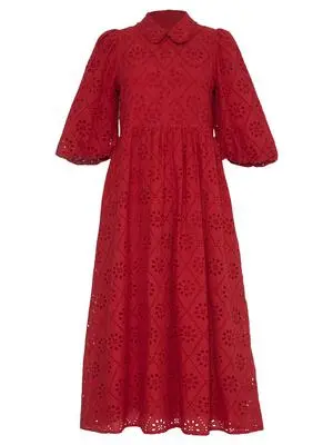 ROSE & NANCY Lucille Embroidered Midi Shirt Dress - Red