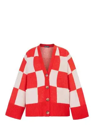 CARA & THE SKY Candice Checked Wide Sleeve Cardigan - White/red