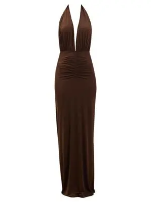 MARROMA Draped Halter Maxi Dress - Brown