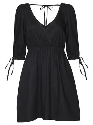 REISTOR Gathered Elbow Sleeve Short Cotton Dress - Black