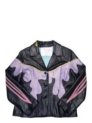 ACID CAT Hand-painted Rhinestoned Leather Jacket - Black