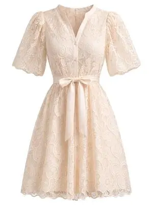 TANTRA SPAIN SL Lace Shirt Dress With Sequins, Pearl Buttons And Belt - Beige
