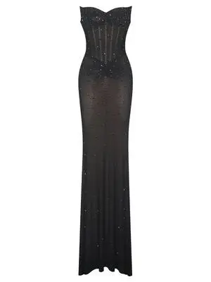 MISS CIRCLE NEW YORK Fatima Crystal Corset Mermaid Maxi Dress - Black