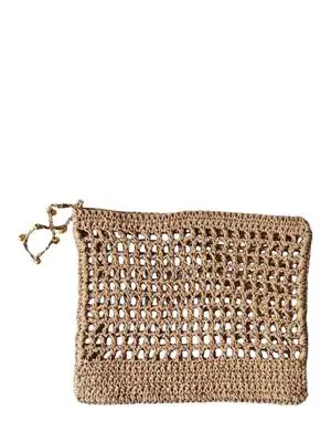 SPRINGMOONATELIER Raffia Mesh Clutch With Beaded Handle - White