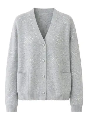 EXQUISE Sequin Printed Cashmere Blend Cardigan - Grey
