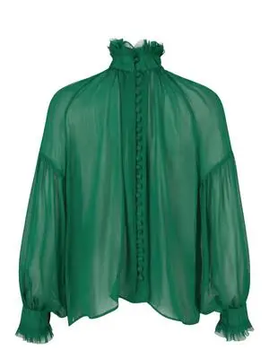 HELENE GALWAS Babett" Sheer Silk Blouse With Ruffle Details - Green