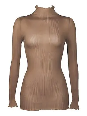 AROMATIQUE Ribbed Silk Turtleneck Top - Brown