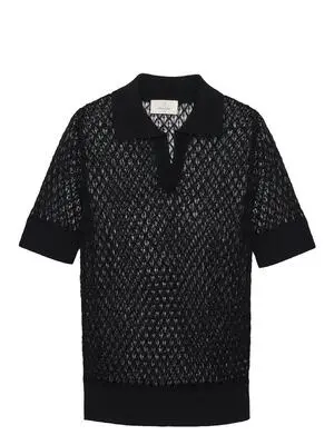 PERALUNA Ava Openwork Knit Polo Neck Blouse - Black