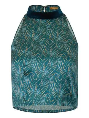 SHUMINGYU Velvet Collar Silk Crop Top With Spring Mountains Print - Blue