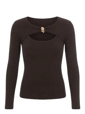 MONLICIA Gold Detail Cutout Long Sleeve Stretch Top - Brown