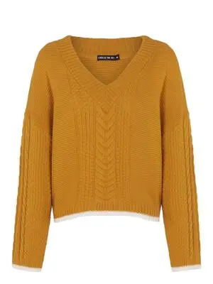 CARA & THE SKY Emma Cable V-neck Jumper - Yellow