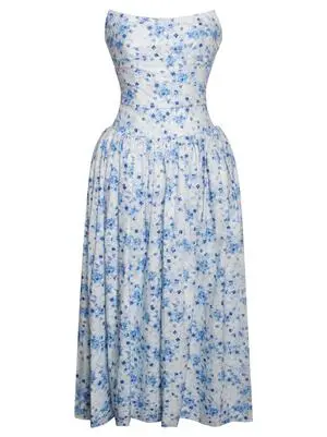 MISS CIRCLE NEW YORK Paloma Print Linen Corset Draping Top Midi Dress - Blue