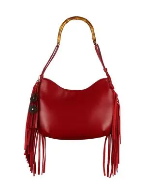 F3ROG BY RANA Leather Gordon Hobo Bag With Fringe And Bamboo Handle - Red