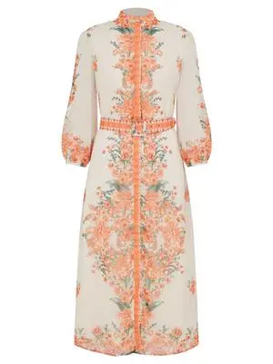 RAISHMA Rose Floral Belted Midi Shirt Dress - Orange