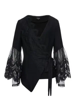 SMART AND JOY Lace Trimmed Knitted Wrap-over Top - Black