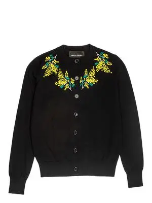 ROCH PEREL Flower Embroidered Fine Knit Cardigan - Black
