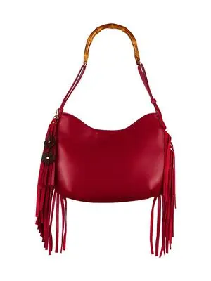 F3ROG BY RANA Gordon Hobo Bag With Fringe And Bamboo Handle - Red
