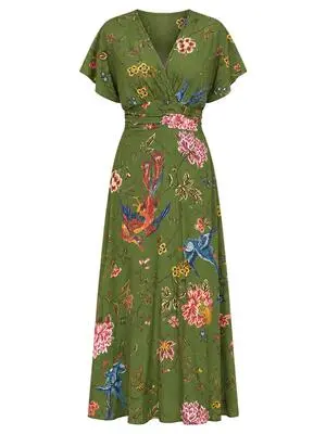 YUMI Floral Print Ruched Waist Kimono Midi Dress - Green