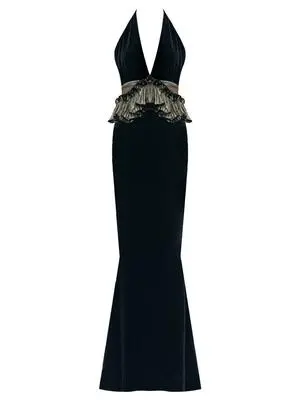 NUR KARAATA Savoy V-neck Fishtail Gown - Black/gold