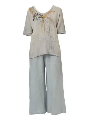 SANIYA KHAN Cotton Knit Top With Beading - Gray/yellow