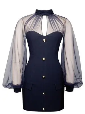MISS CIRCLE NEW YORK Mesh Lantern Sleeve Mini Dress - Blue