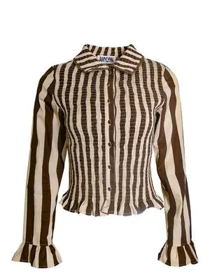 AMY LYNN Yasmine Cotton Stripe Smocked Shirt - Brown