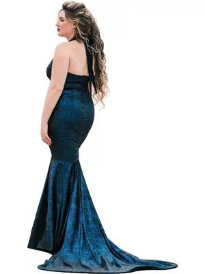 BYVINNIK Velvet Halter Evening Gown - Blue