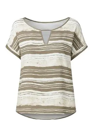 CONQUISTA Short Sleeve Striped Keyhole Top - Green