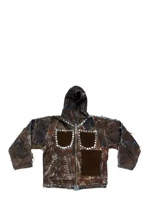 ZASTASTUDIO Shred Couture Studded Denim Hoodie Jacket - Brown