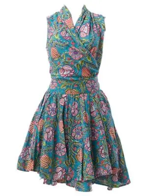 WILD ROSE Hand Block Print Wrap Dress - Blue