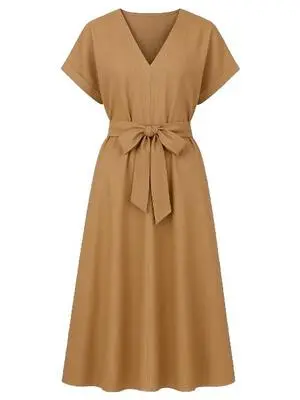 CONQUISTA Belted Linen-style Midi Dress - Brown