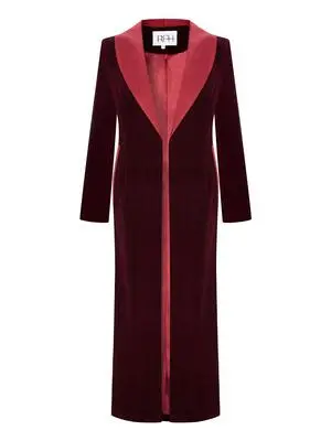 ROQAIA FASHION HOUSE Velvet Long Coat With Satin Lapel - Red