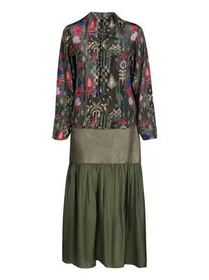MAISON QALA Printed Silk Shirt And Pleated Skirt Co-ord - Green