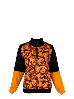 LALIPOP DESIGN Floral Print Color Block Half-zip Sweatshirt - Black/orange