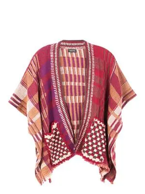 Saachi Crochet Trim Plaid Knit Poncho - Red