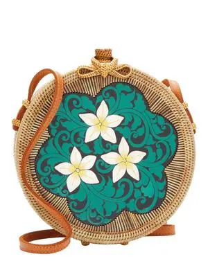 Pink Haley Hand-printed Rattan Crossbody Bag - Green/white
