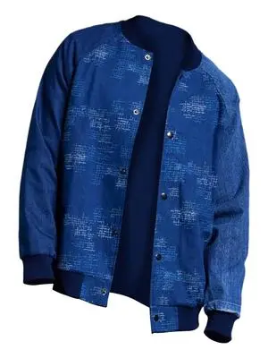 STORY WEAR Patchwork Denim Baseball Jacket - Blue