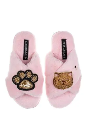 LAINES LONDON Classic Laines Slippers With Paw & Persian Cat Brooches Pink